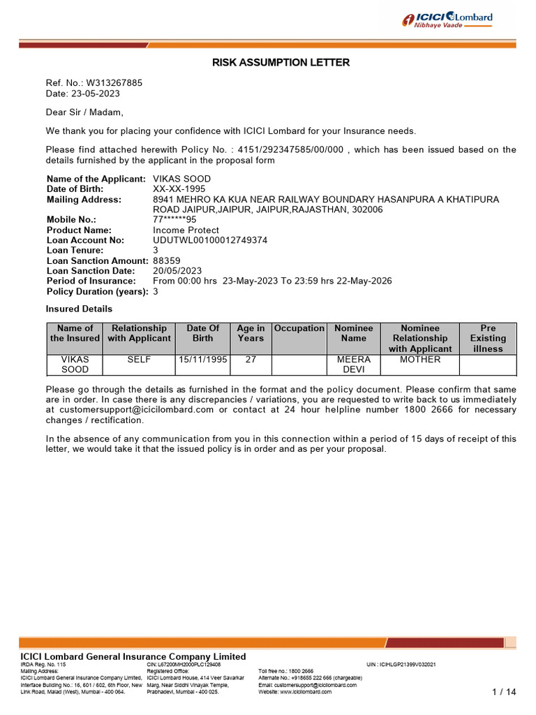 Risk Assumption Letter | PDF | Insurance | Financial Services