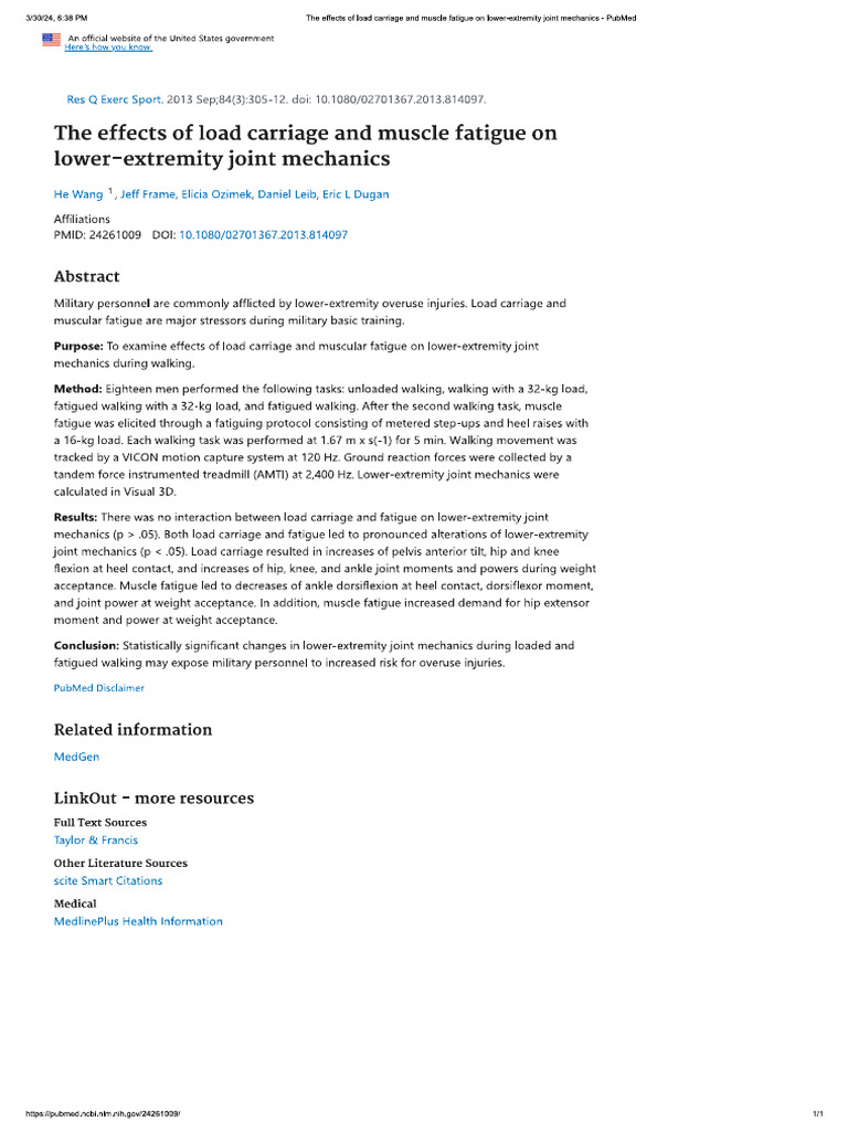 The Effects of Load Carriage and Muscle Fatigue On Lower-Extremity Joint Mechanics | PDF