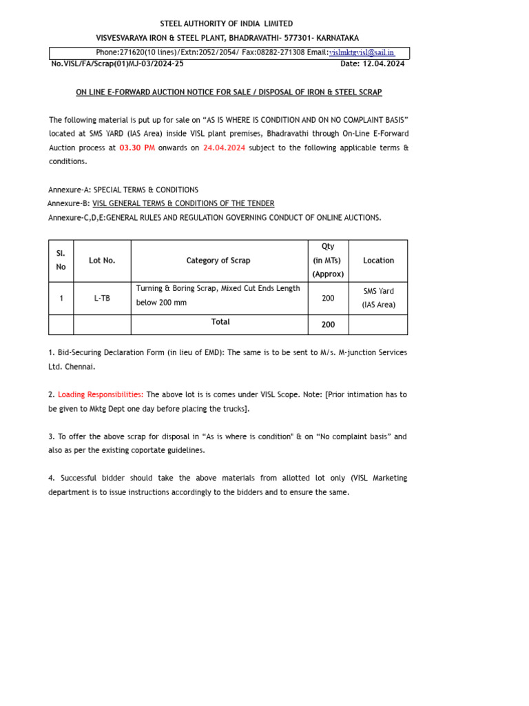 E-Auction Notice for Iron & Steel Scrap | PDF | Auction