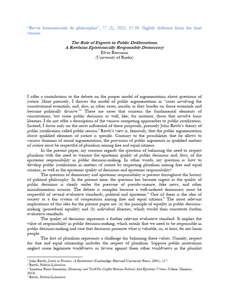 Experts in Public Deliberation: A Rawlsian Approach | PDF | John Rawls ...