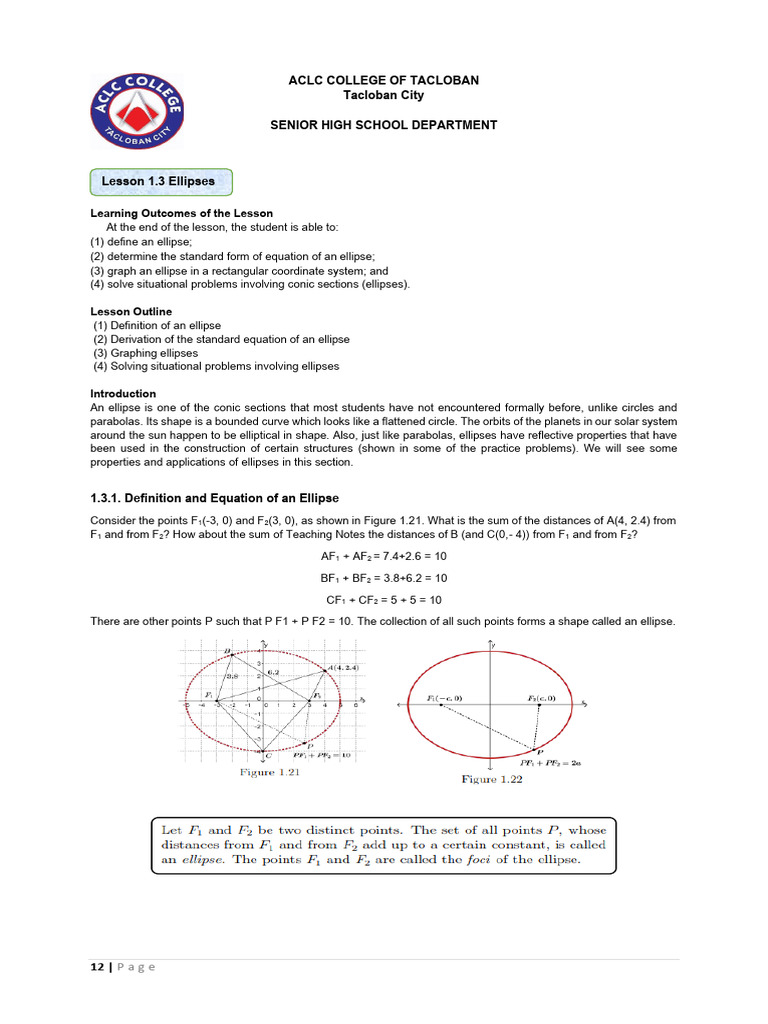 Pre Cal 3 Ellipses Pdf Ellipse Cartesian Coordinate System