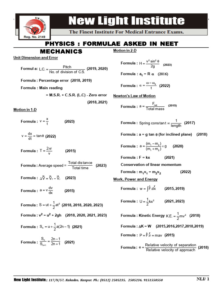 Physics Formula Asked in Neet | PDF | Physics | Applied And Interdisciplinary Physics