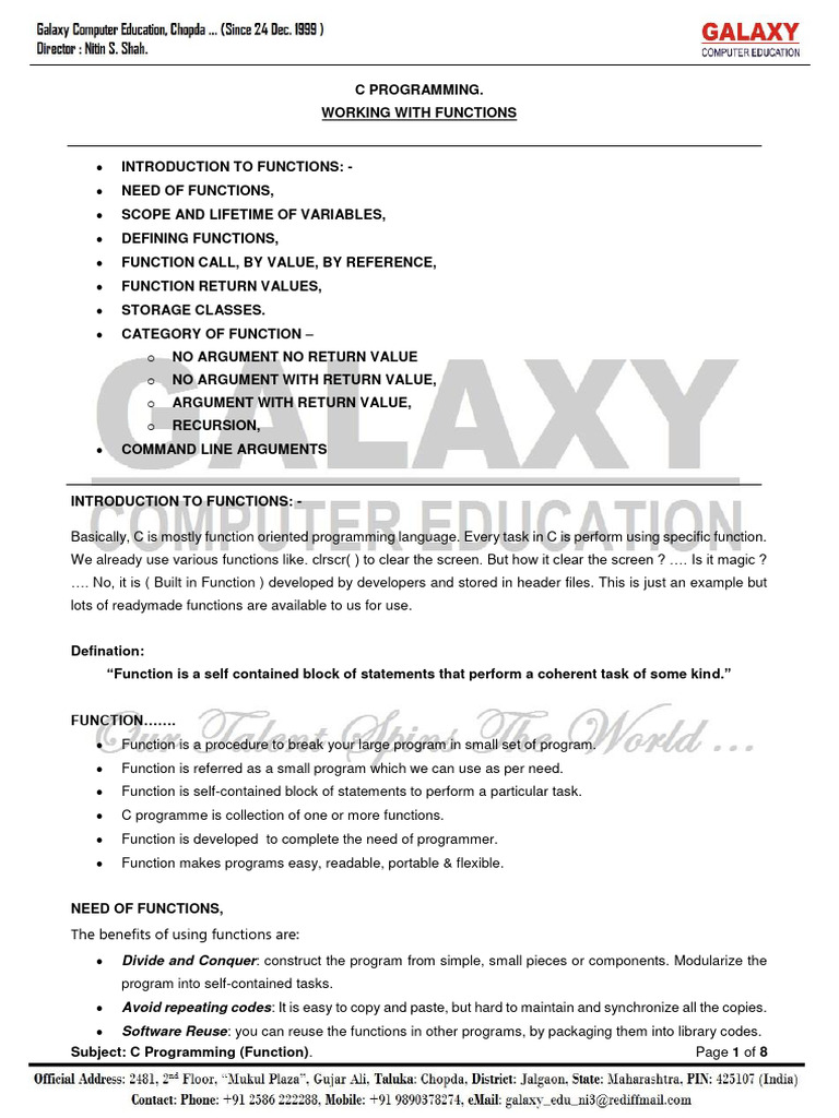 06 Functions In C Pdf Parameter Computer Programming Variable Computer Science 8819