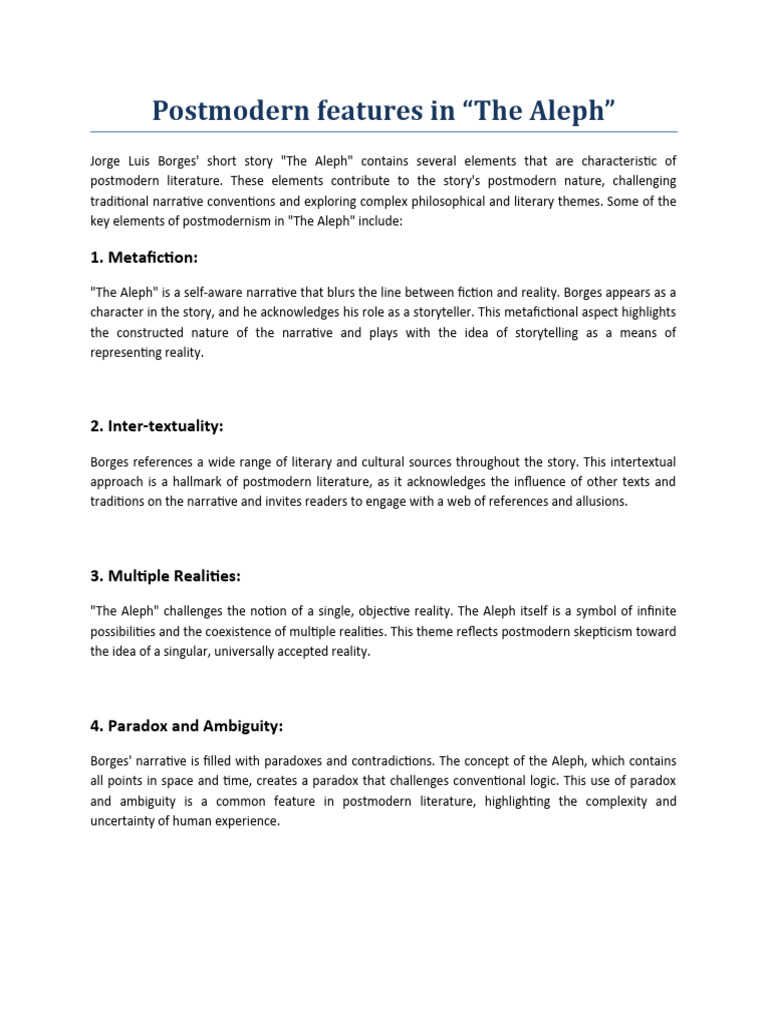 Elements of Postmodernism in The Aleph | PDF | Postmodernism | Narrative