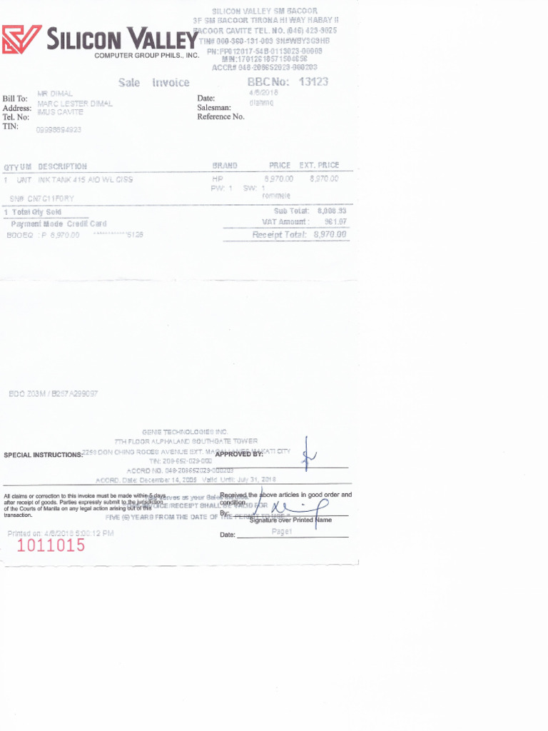 Receipt - HP Ink Tank Wireless 410 Series | PDF