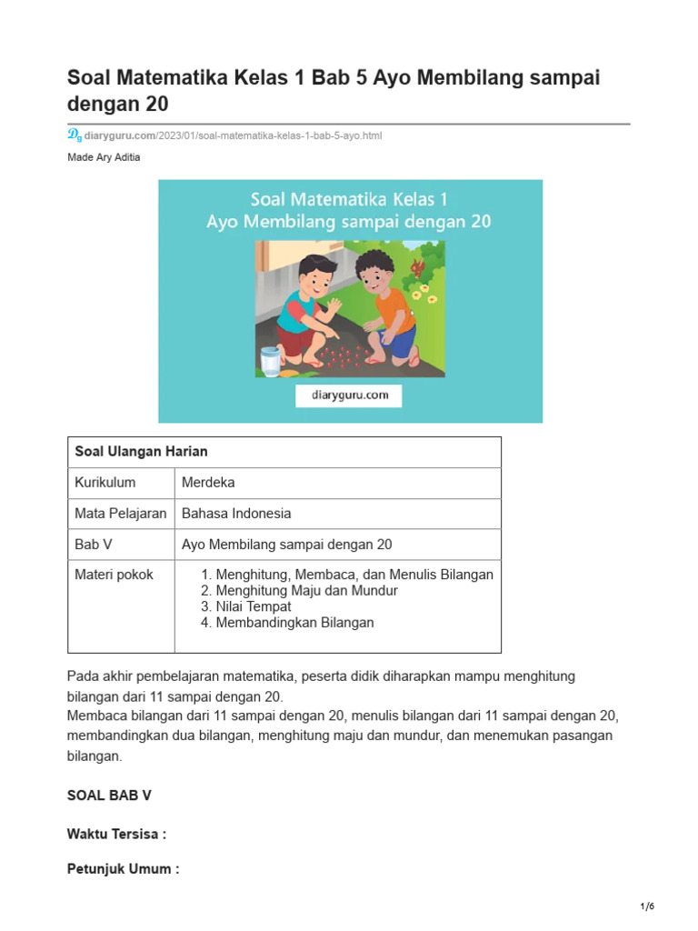Soal Matematika Kelas 1 Bab 5 Ayo Membilang Sampai Dengan 20 | PDF