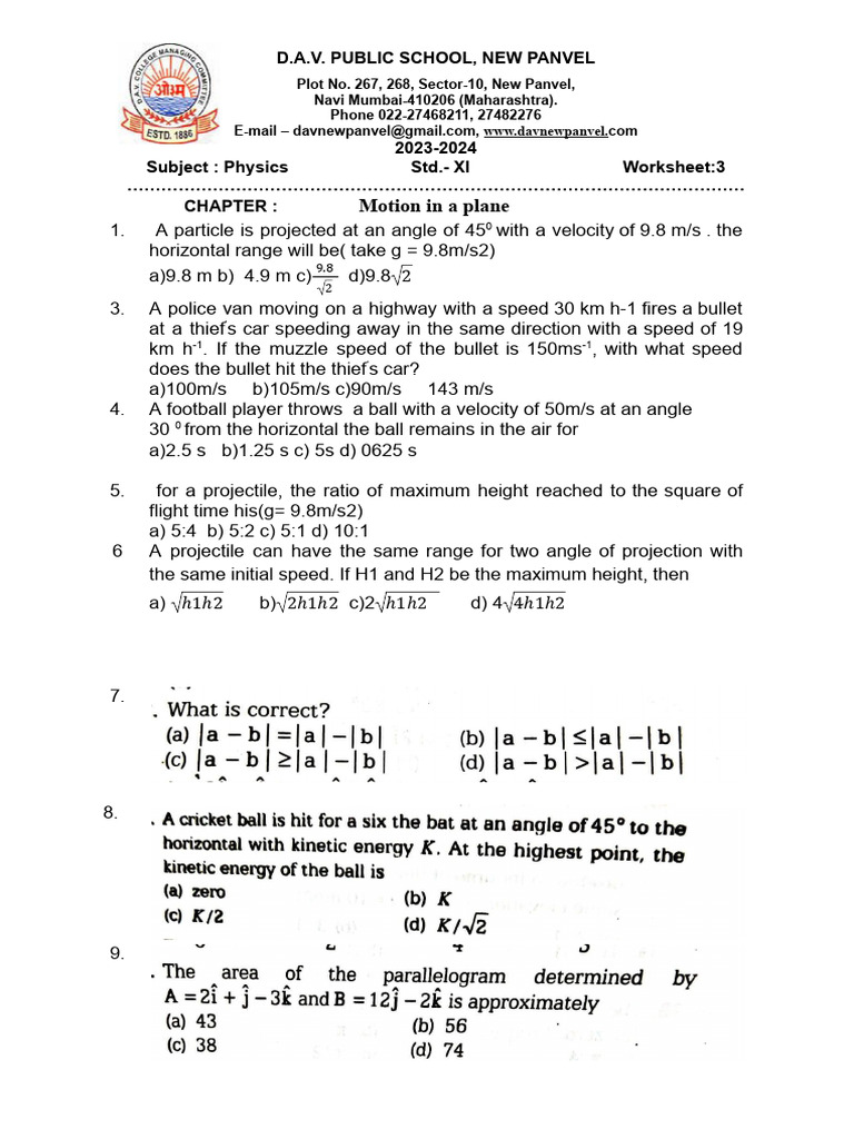 Motion in A Plane WORKSHEET | PDF