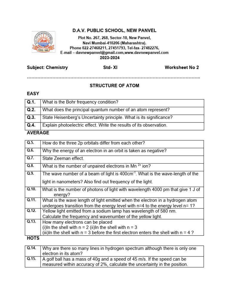 Chemistry Worksheet: Structure of Atom | PDF