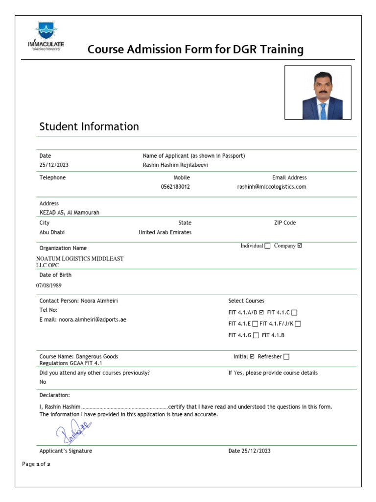 Course Admission Form - DGR | PDF