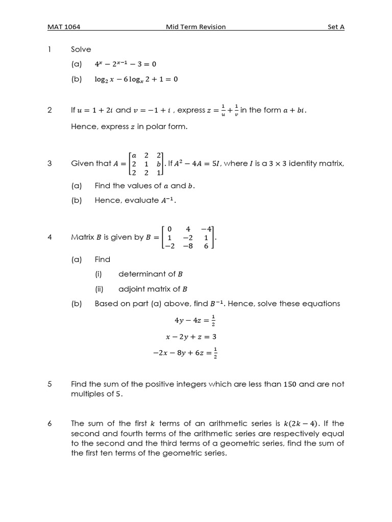 Mid Term Revision Set A | PDF | Logarithm | Matrix (Mathematics)