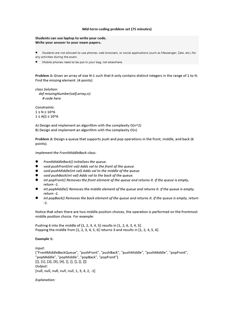 Mid Term Coding Exam | PDF | Queue (Abstract Data Type) | Algorithms Mid Term Coding Exam | PDF | Queue (Abstract Data Type) | Algorithms