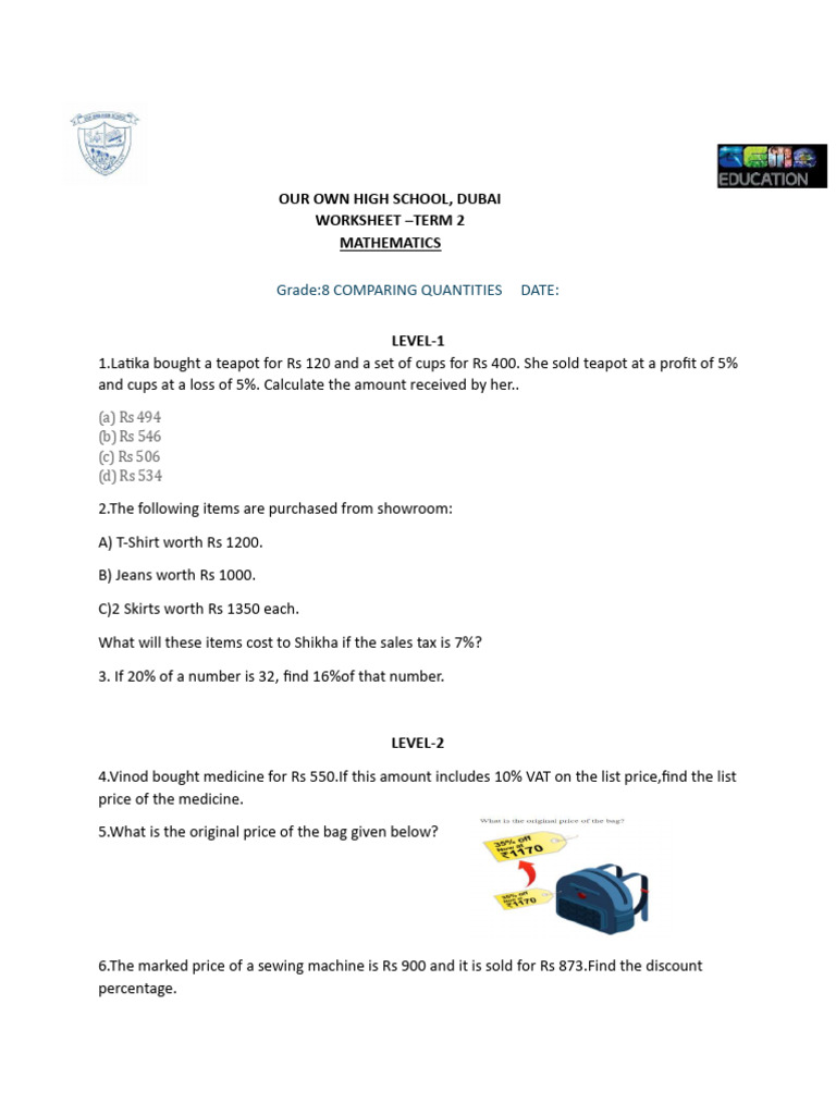 Comparing Quantitiesworksheet-2 | PDF | Prices | Interest
