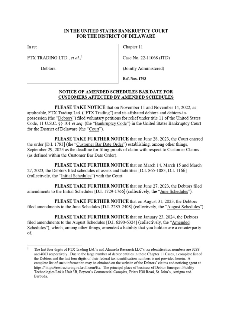 Notice of Amended Schedules Bar Date For Customers Affected by Amended ...