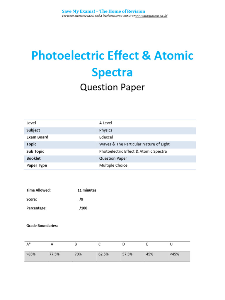 20 Photoelectric Effect Atomic Spectra Multiple Choice Qp 1 | PDF ...