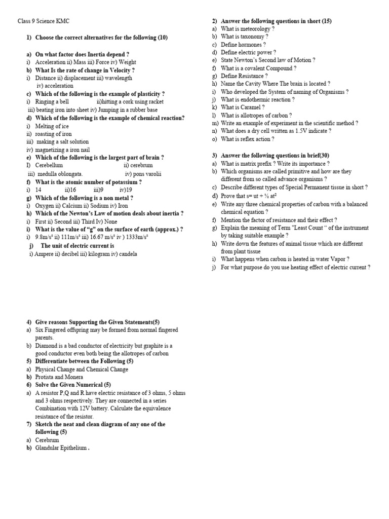 Class 9 Science KMC | PDF | Carbon | Electric Current