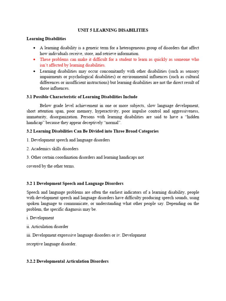 Unit 5 Learning Disabilities | PDF | Learning Disability | Attention Deficit Hyperactivity Disorder