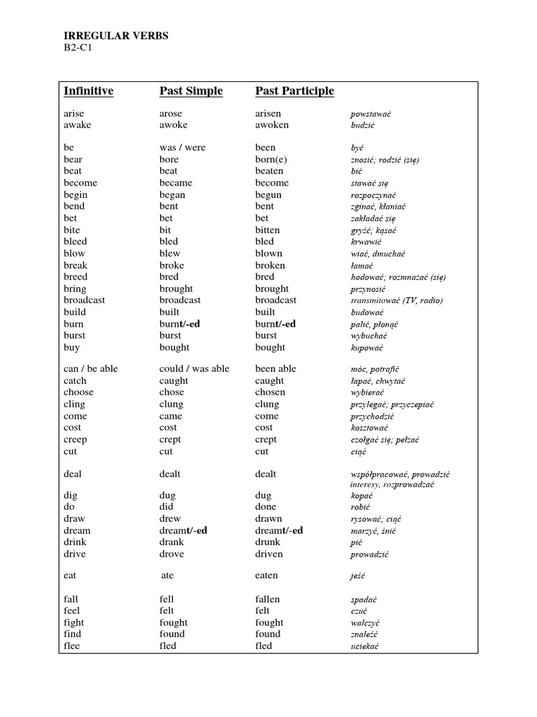Irregular Verbs - B2 | PDF