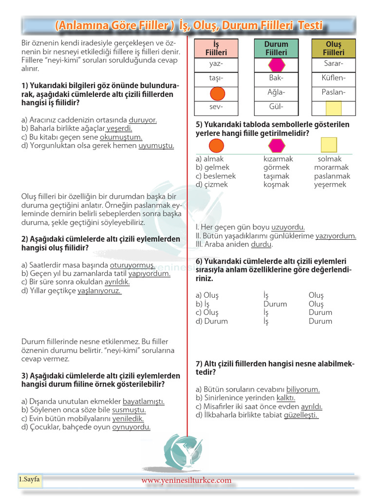 7.sinif Turkce Is Olus Durum Fiilleri Test Sorulari Ve Cevaplari | PDF