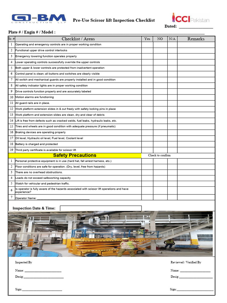 Pre-Use Scissor List Inspection Checklist | PDF | Elevator | Vehicles