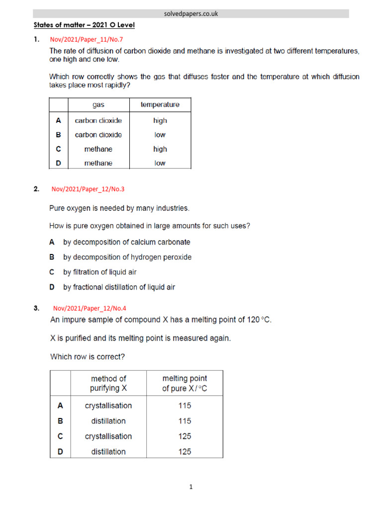 O Level States of Matter Papers 2021 | PDF