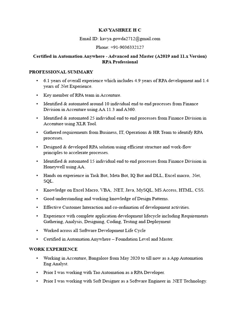 RPA - Automation Anywhere - 6 Years - Resume | PDF | Microsoft Excel ...