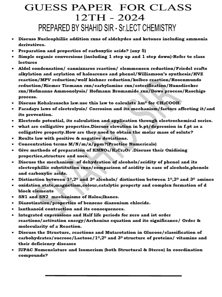 Guess Paper 12th 2024 As Per Revised Syllabus | PDF