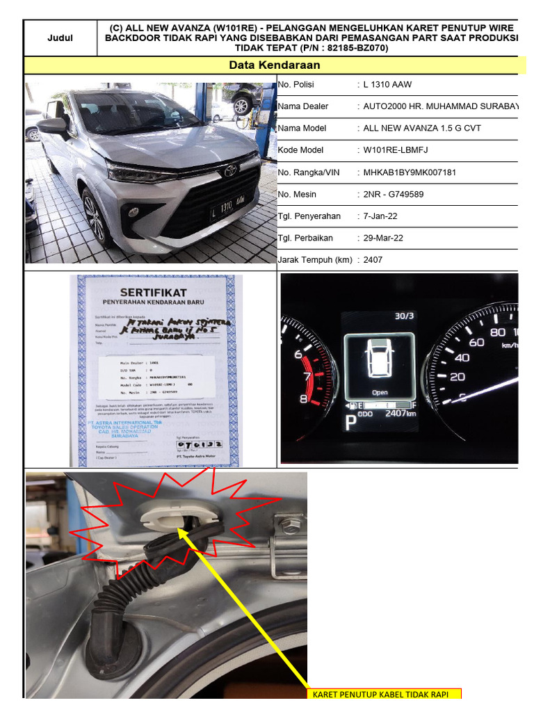 Keluhan Karet Penutup W101RE Avanza | PDF