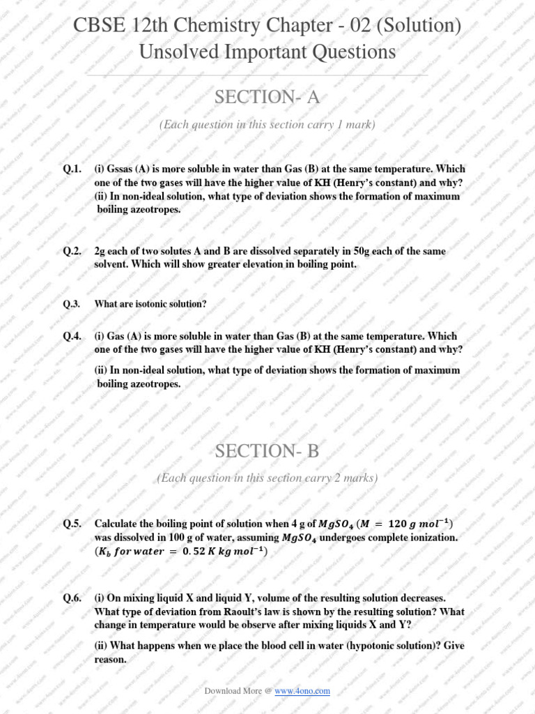 Class 12th Chemistry Chapter 2 (Solution) Important Unsolved Questions | PDF | Chemical ...