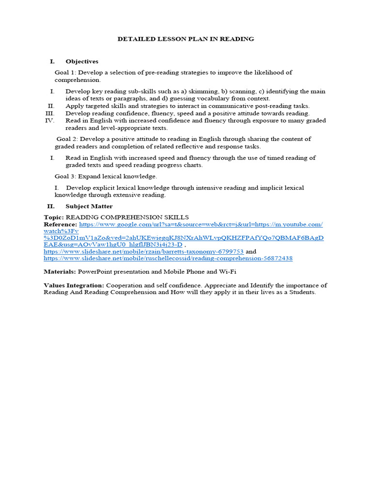 Reading Comprehension Lesson Plan | PDF | Reading Comprehension | Speed ...