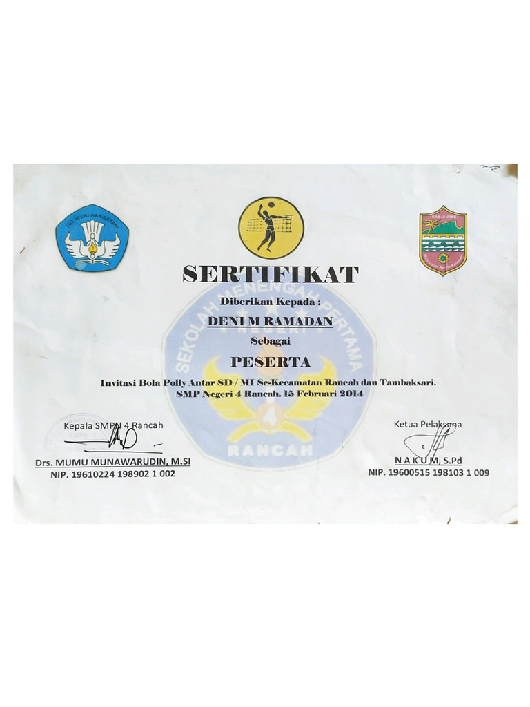 Sertifikat Peserta Bola Volly | PDF Sertifikat Peserta Bola Volly | PDF