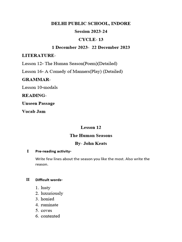 Human Seasons by John Keats Overview | PDF | Poetry