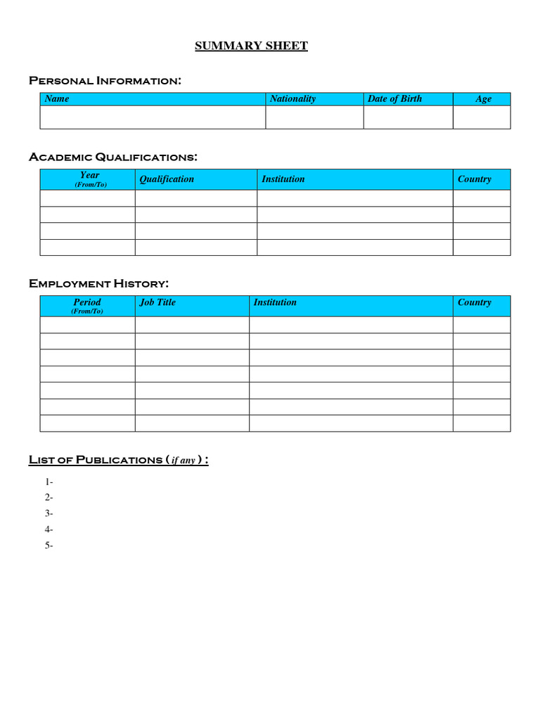 Personal Summary Sheet Template | PDF