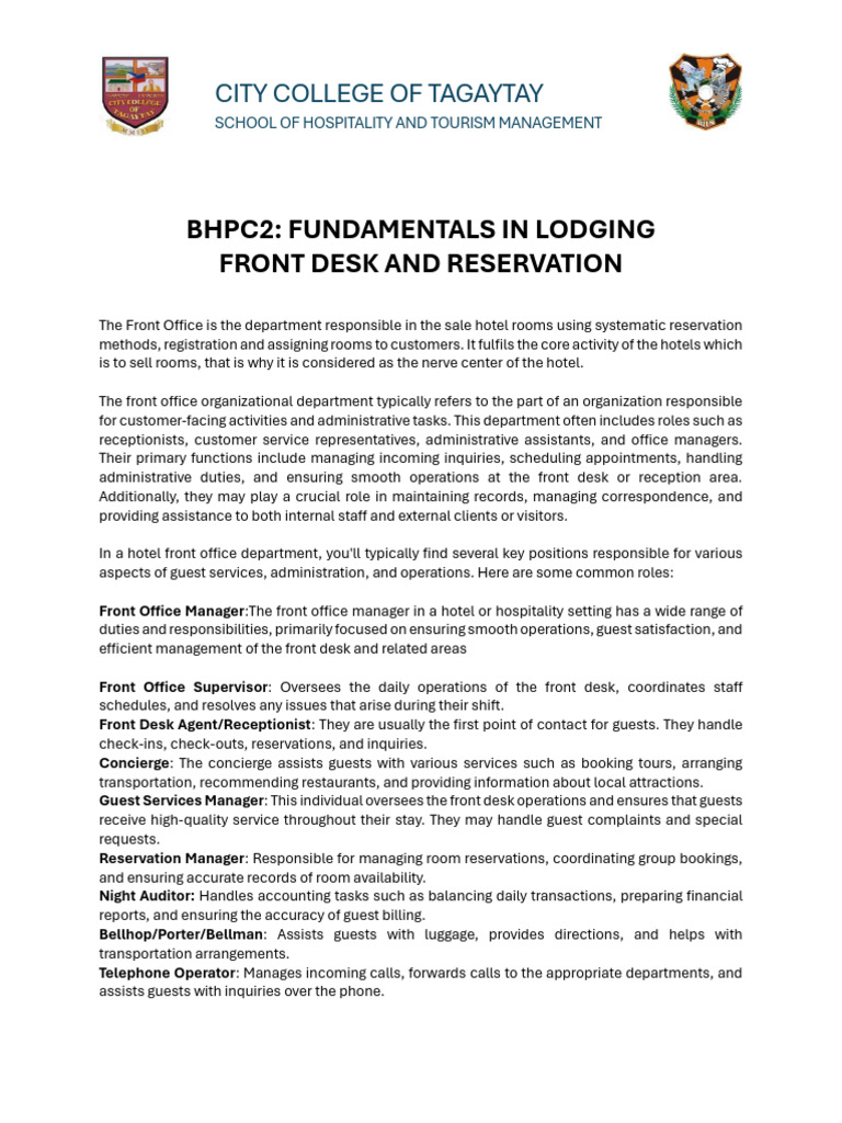 Front Desk & Reservation Essentials | PDF | Hotel | Business