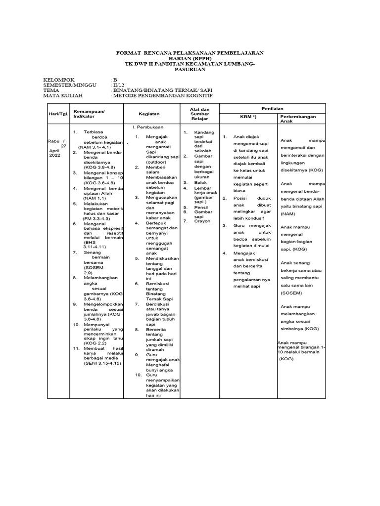 RPPH Tema Binatang Sapi TK DWP II | PDF