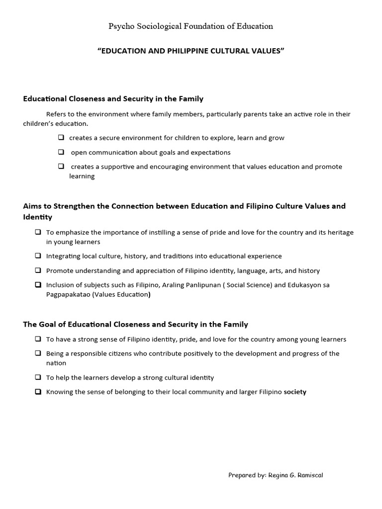 EDUCATION AND PHILIPPINE CULTURAL VALUES Word Dcoument | PDF ...