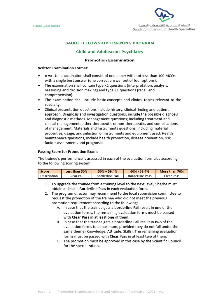 Child and Adolescent Psychiatry Fellowship-Promotion Exam Blueprint ...