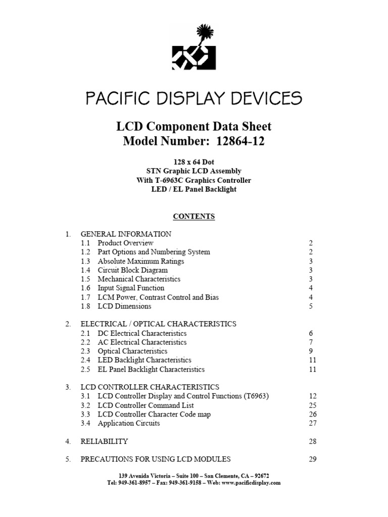 Pacific Display Devices: LCD Component Data Sheet Model Number: 12864-12 | PDF | Cursor (User ...