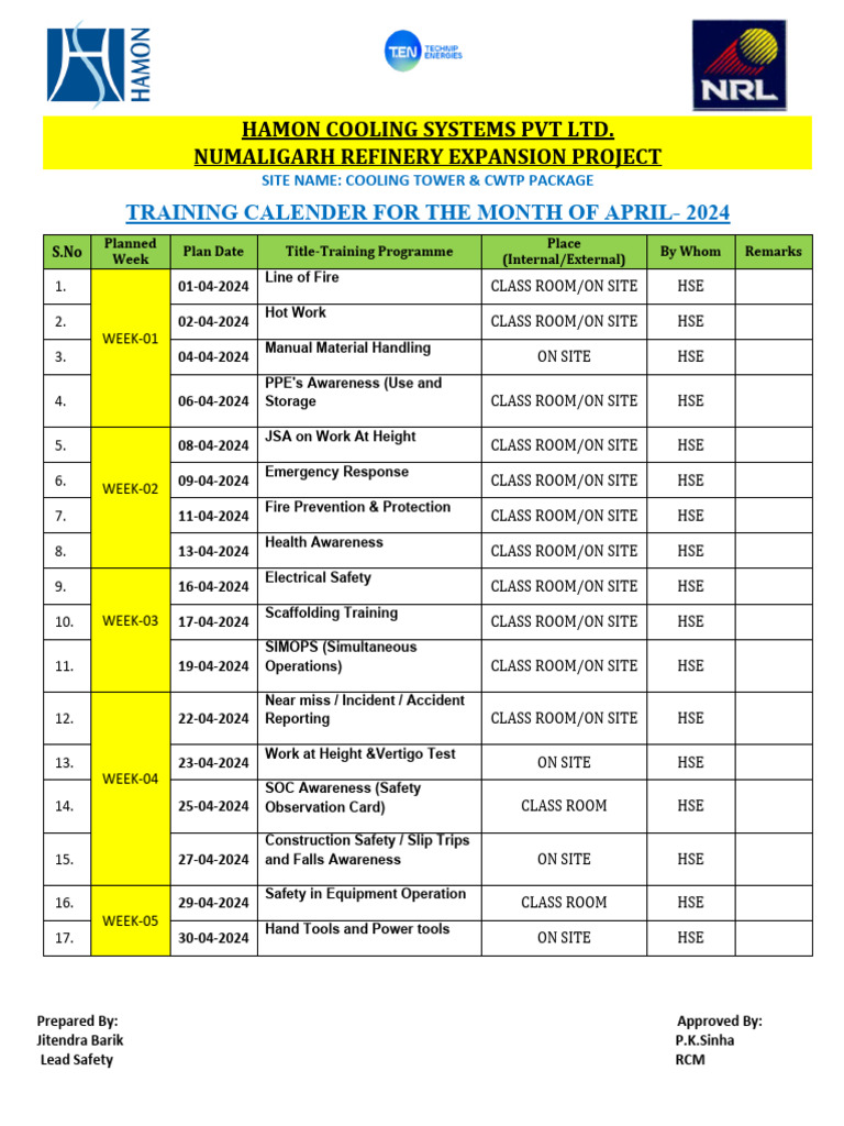 Training Calender For The Month of April-2024 | PDF | Working ...