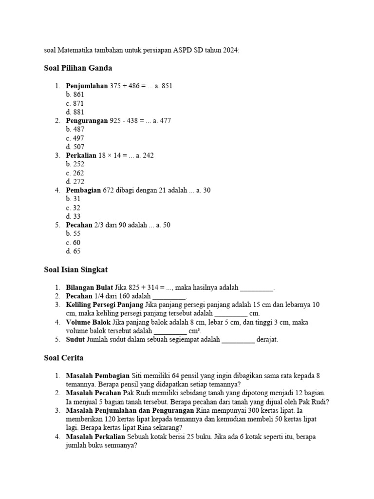 Soal Matematika Untuk Persiapan ASPD SD Tahun 2024 | PDF