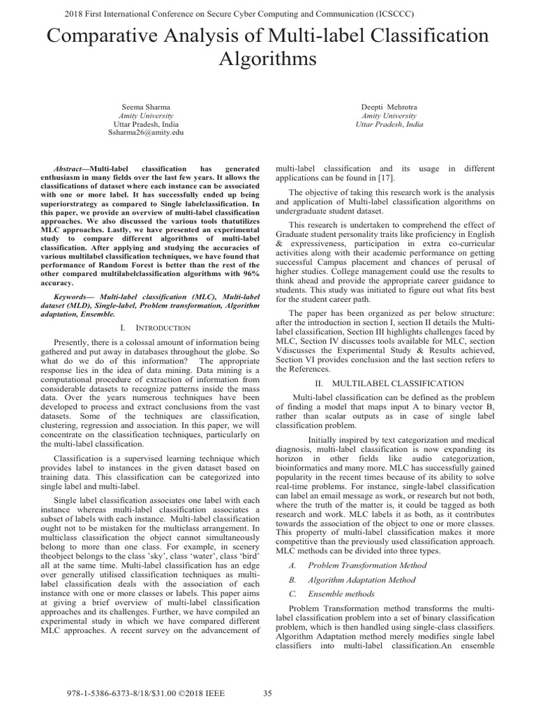 Comparative Analysis Of Multi Label Classification Algorithms Pdf Statistical Classification