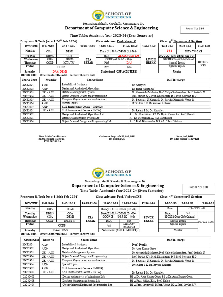4th Semester Timetable Version 3 - 27-2-2024 | PDF | Databases | Computing