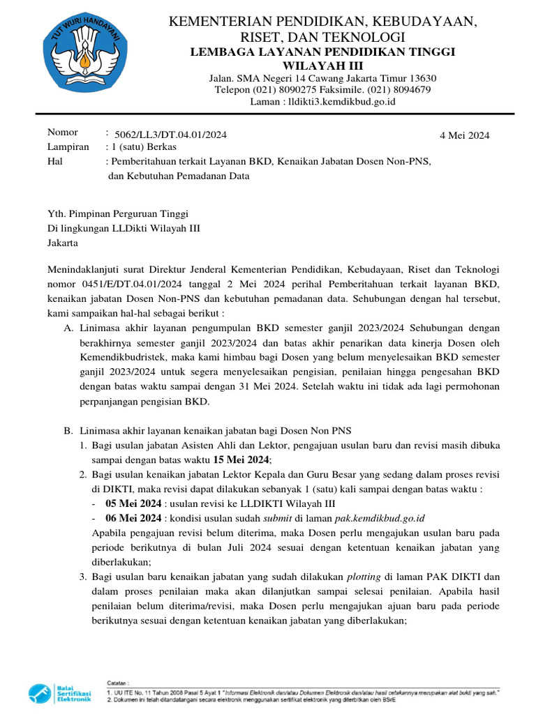 Pemberitahuan Terkait Layanan BKD, Kenaikan Jabatan Dosen Non-PNS LL3 | PDF