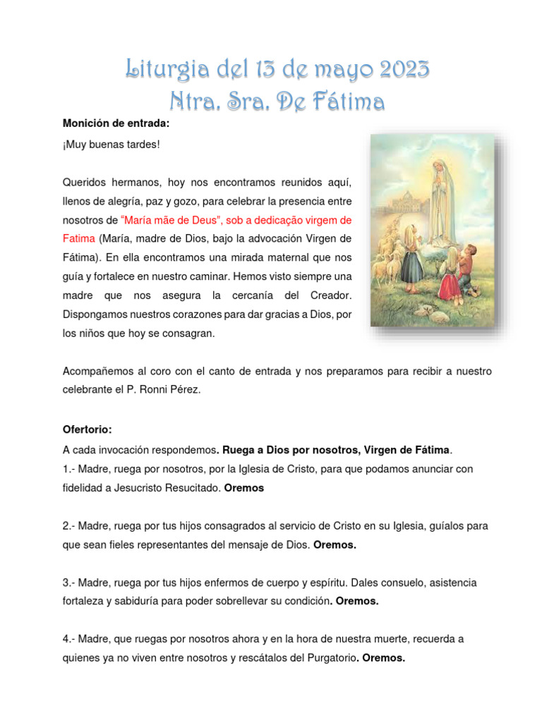Liturgia Del 13 de Mayo 2023 VIRGEN DE FÁTIMA | PDF | María, madre de Jesús | Cristo (título)