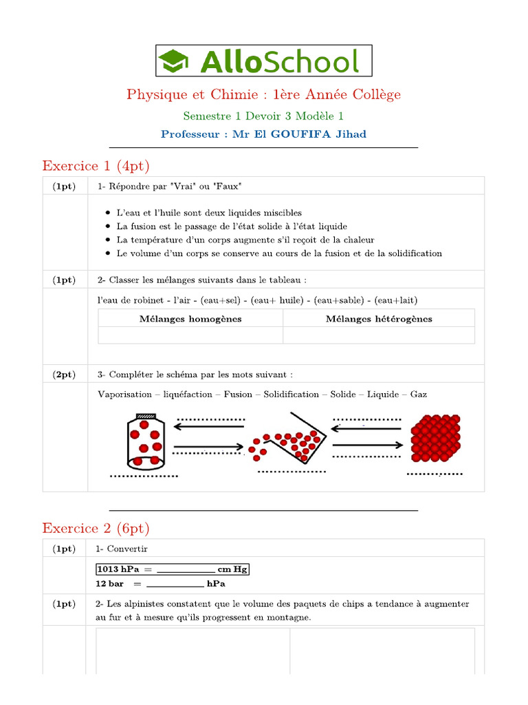 Semestre 1 Devoir 3 Modele 1 PC 1ac 2 | PDF