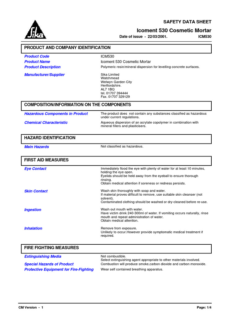 (Sika) Icoment 530 Cosmetic Mortar Safety Data Sheet | PDF | Water | Safety