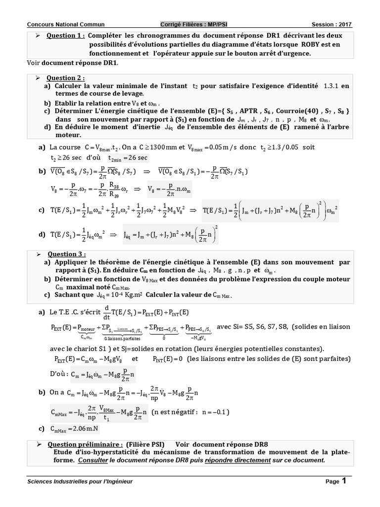 Corrigé CNC 2017 Filières MP/PSI | PDF | Phénomène physique | Mouvement ...