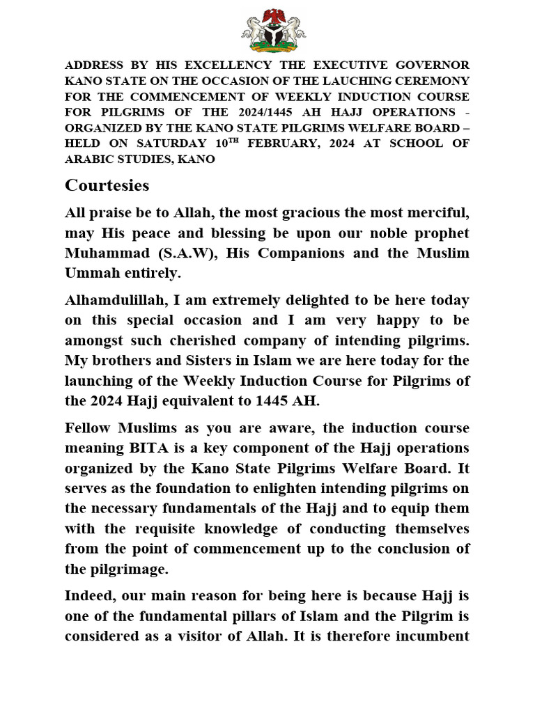 Address by His Excellency On The Occasion of The Lauching Ceremony For ...