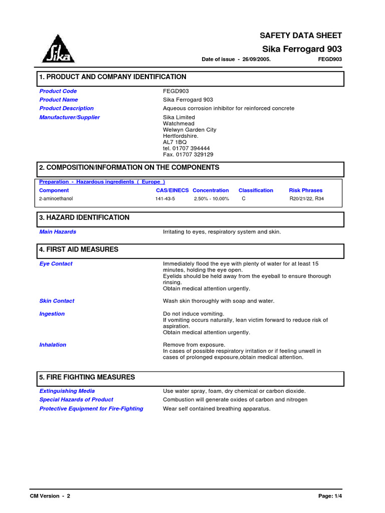 (Sika) Sika Ferrogard 903 | PDF | Materials | Safety