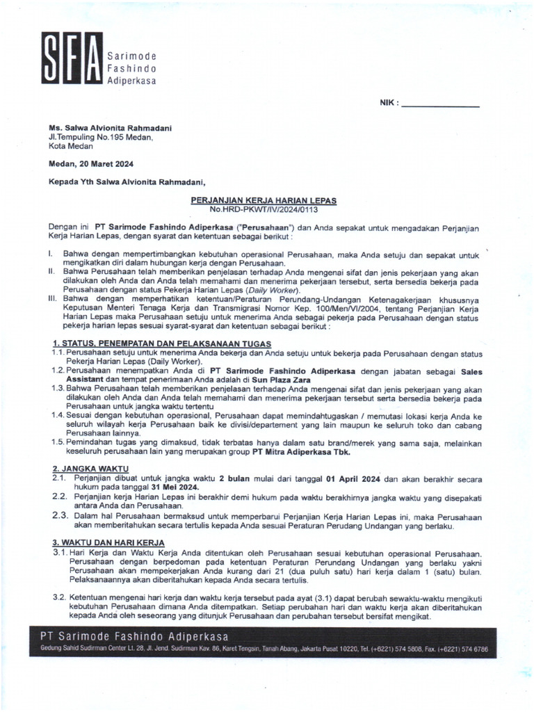 (SFA) Agreement DW - Salwa Alvionita Rahmadani | PDF