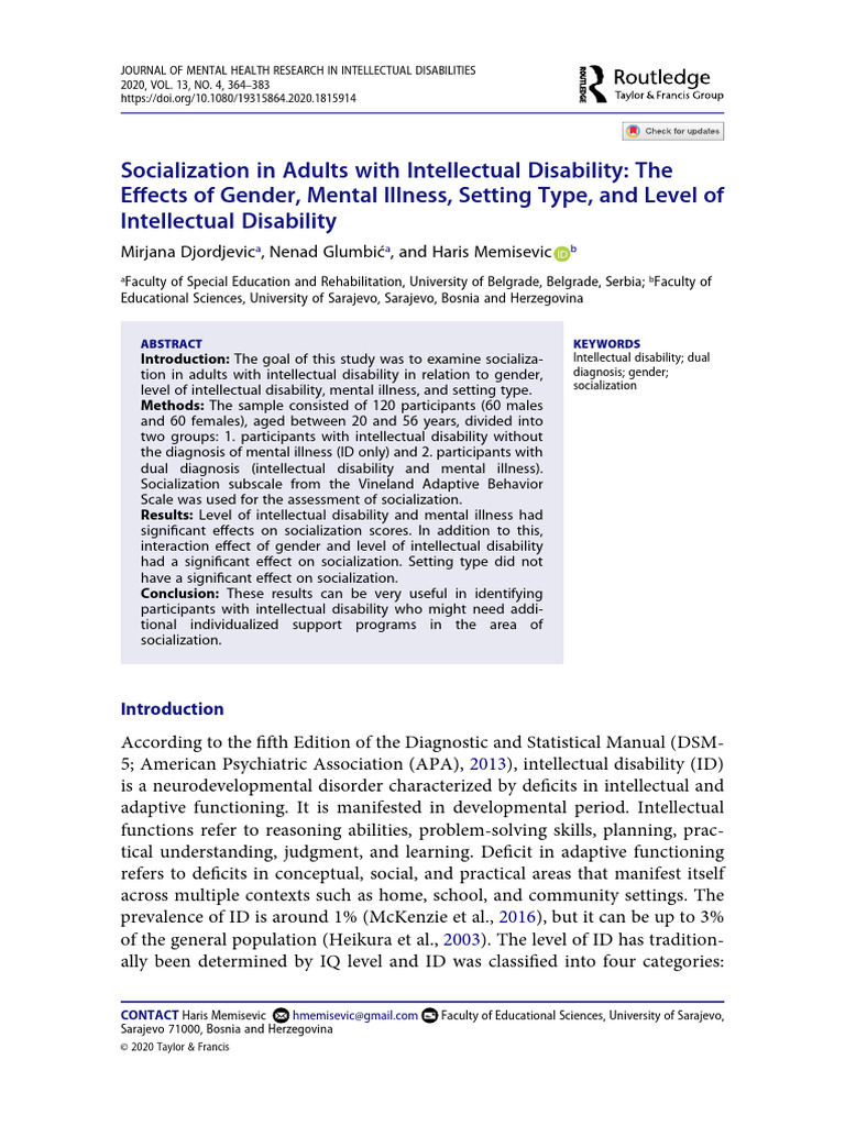 Socialization in Adults With Intellectual Disability | PDF ...